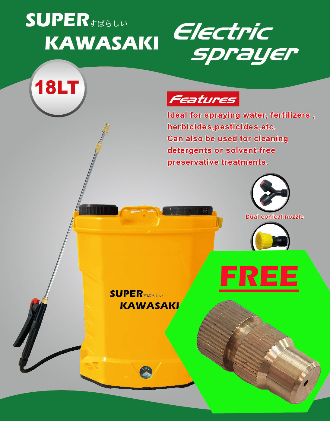 SUPER KAWASAKI Battery Knapsack Sprayer 18L BAKAL ROD Electric Sprayer ...