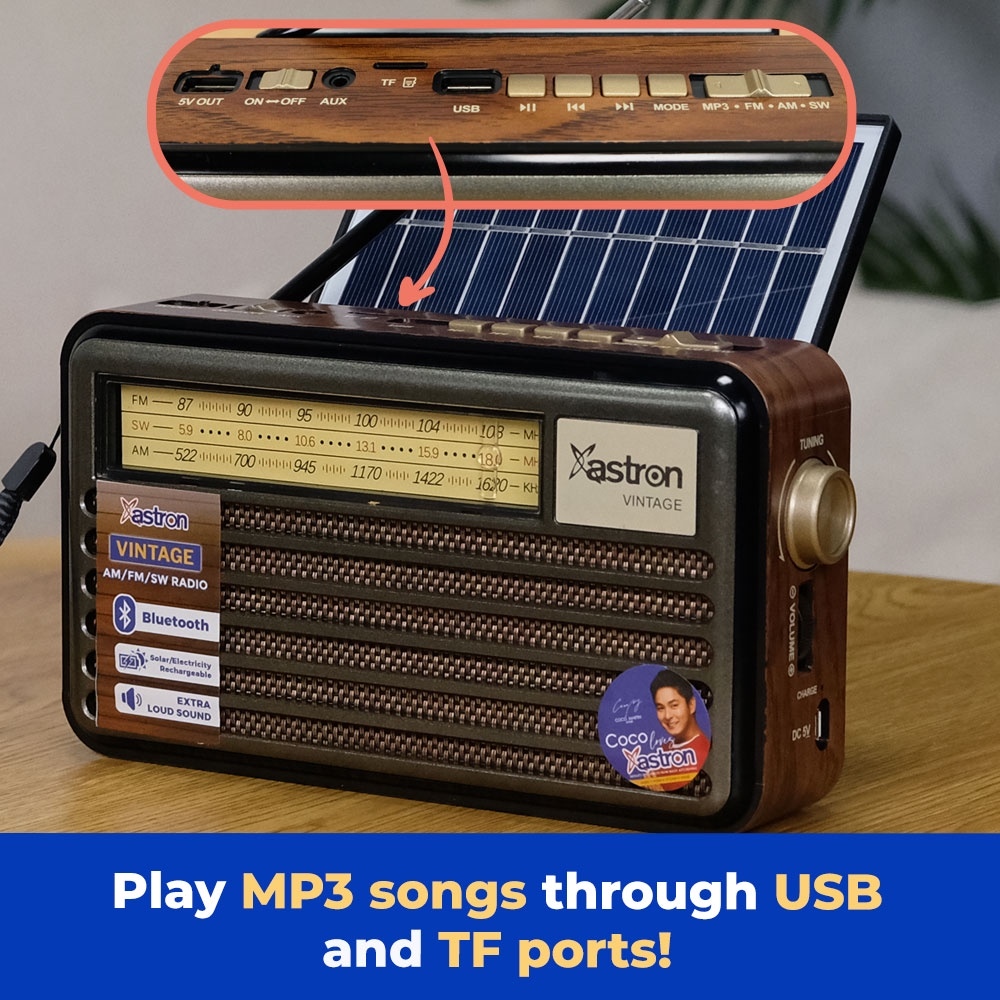 Astron Vintage AM/FM Solar Radio with Bluetooth classic retro wooden ...