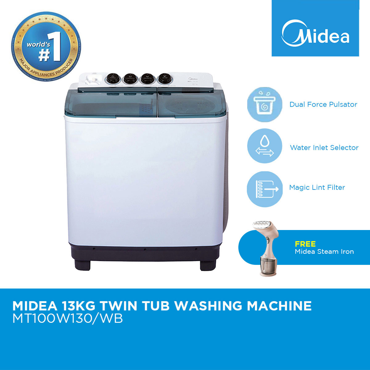 Midea 13kg Twin Tub Washing Machine MT100W130/WB | Lazada PH