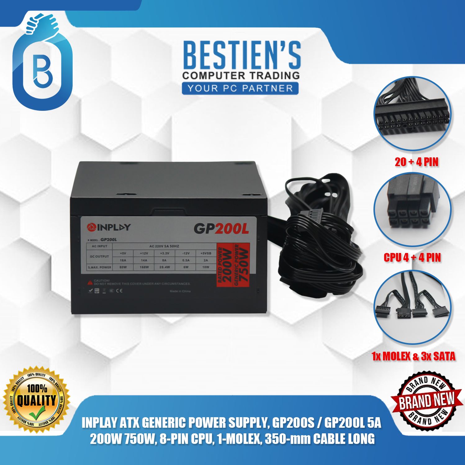 INPLAY ATX GENERIC POWER SUPPLY, GP200S / GP200L 5A 200W 750W, 8-PIN ...