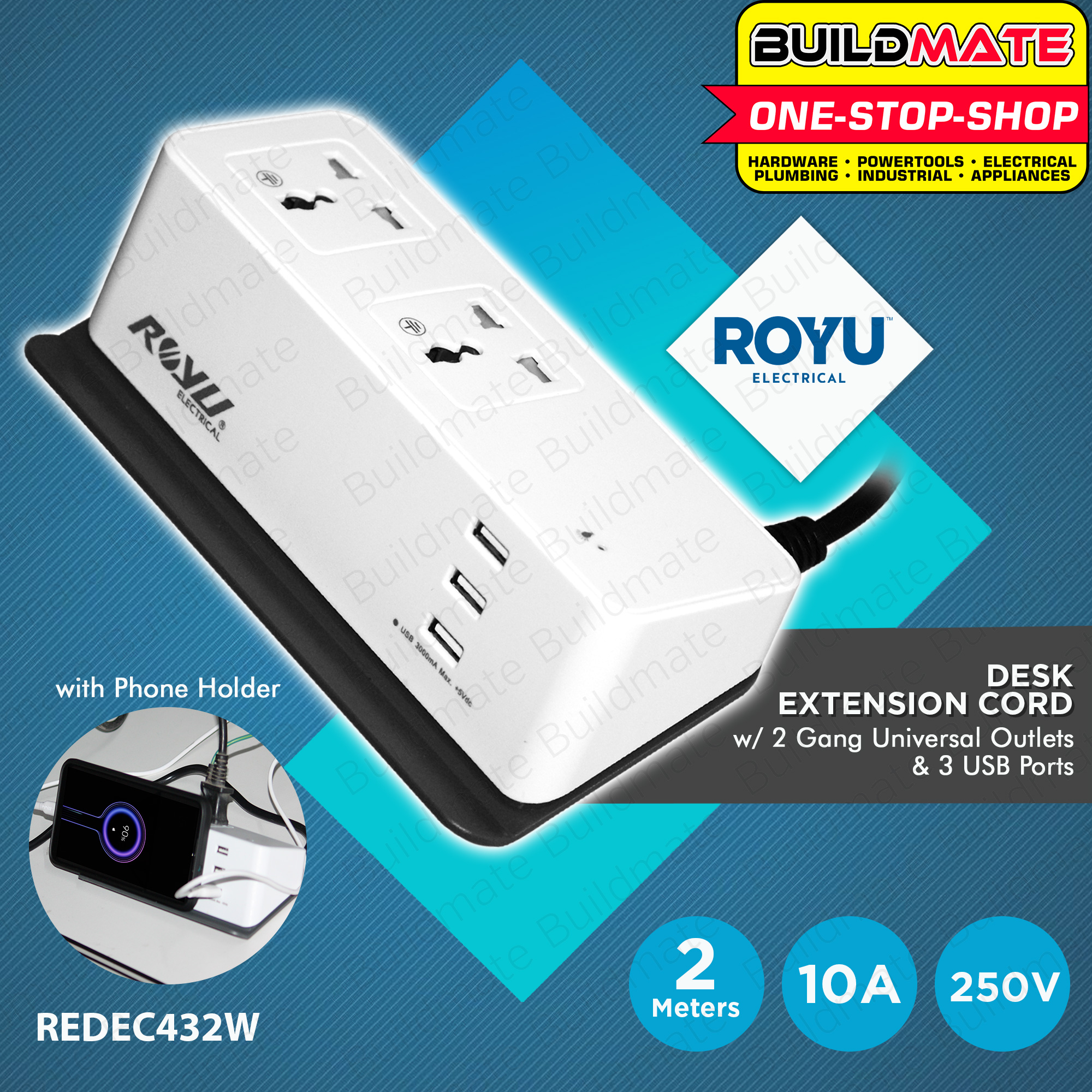 BUILDMATE Royu Desk Extension Cord With 3 USB 2 Gang Outlet and Phone ...