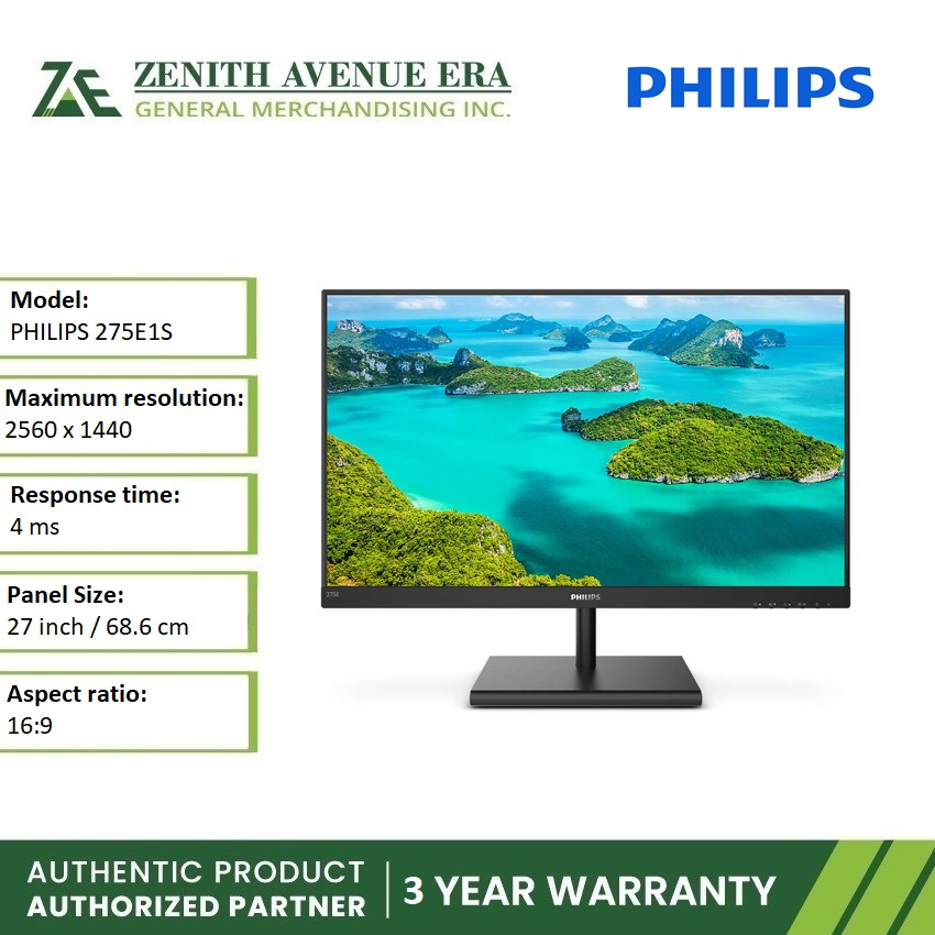 PHILIPS 275E1S 27" W-LED Monitor 75Hz, 4Ms , IPS panel QHD 2K ...