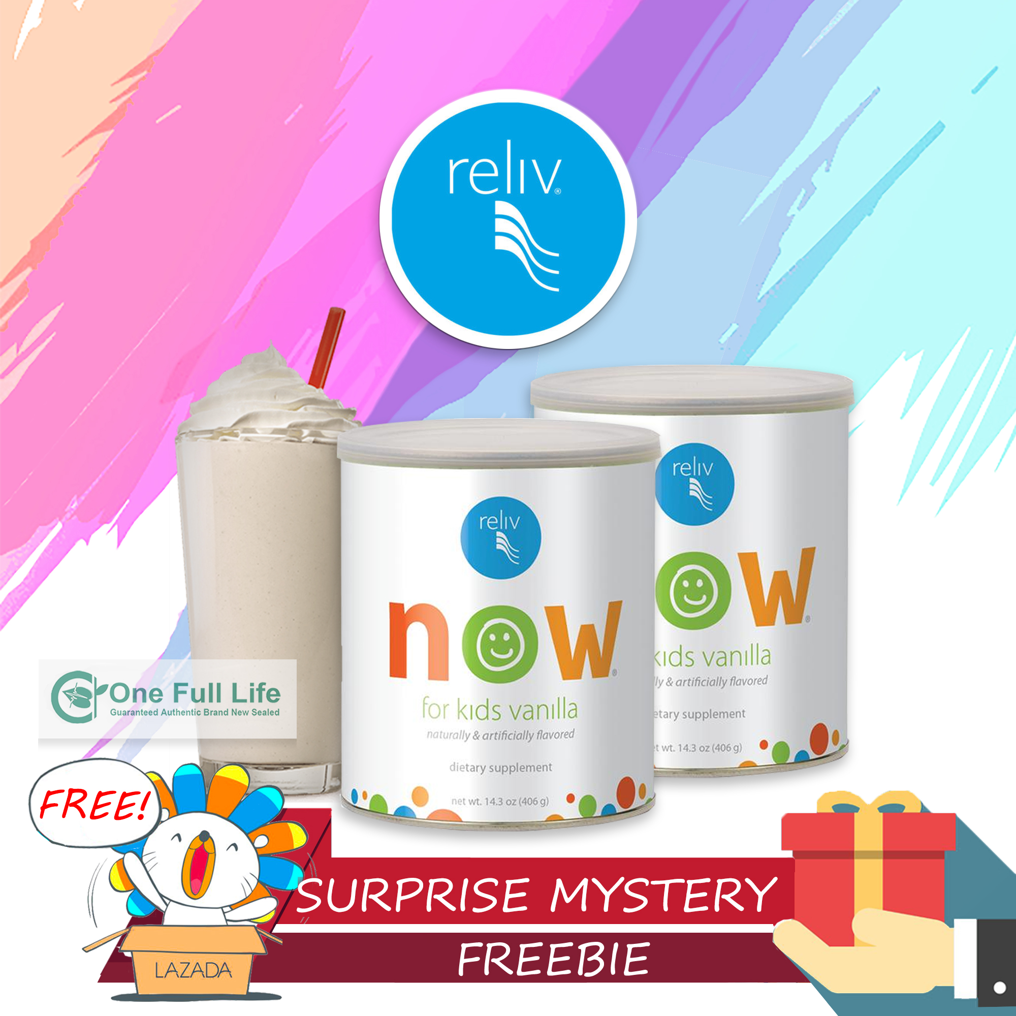 Original Reliv NOW for Kids VANILLA 435g x 2 CANS with Mystery Freebie ...