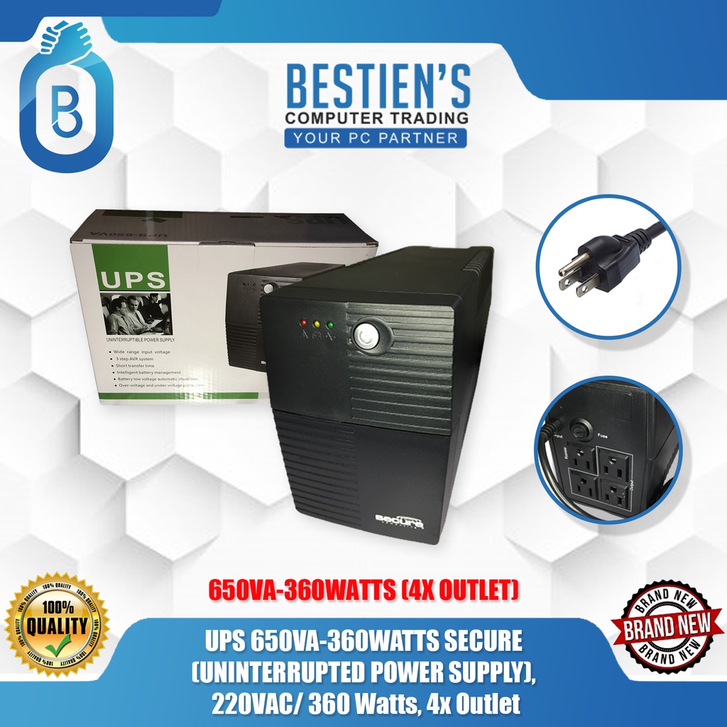 UPS 650VA-360WATTS SECURE (UNINTERRUPTED POWER SUPPLY), 220VAC/ 360 Watts, 4x Outlet | Lazada PH