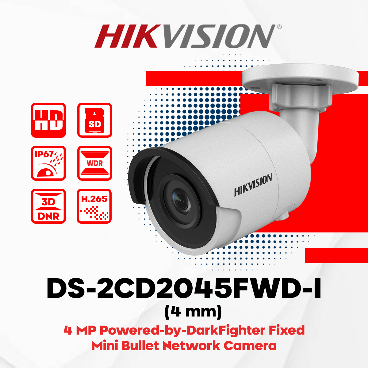 Hikvision DS-2CD2045FWD-I 4 MP Powered-by-DarkFighter Fixed Mini Bullet Network Camera, 4mm lens ...