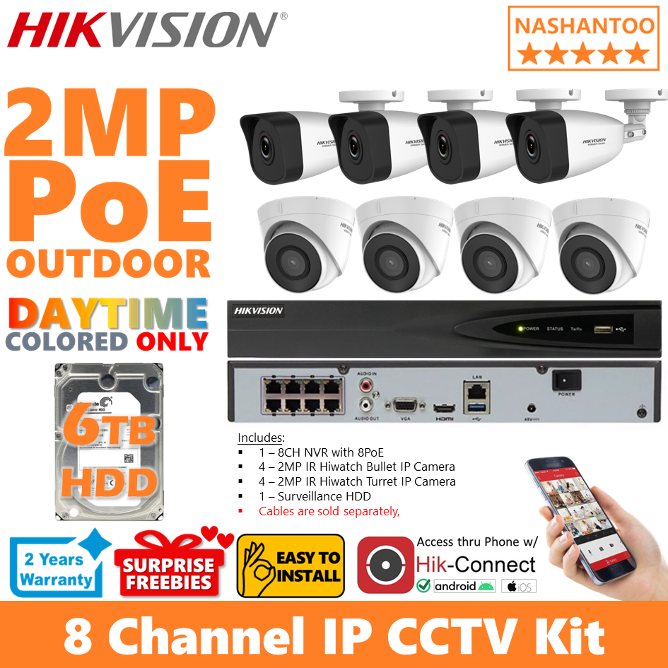HIKVISION 8CH 2MP IR PoE 8Cameras (4 Bullet, 4 Turret) Outdoor IP CCTV ...