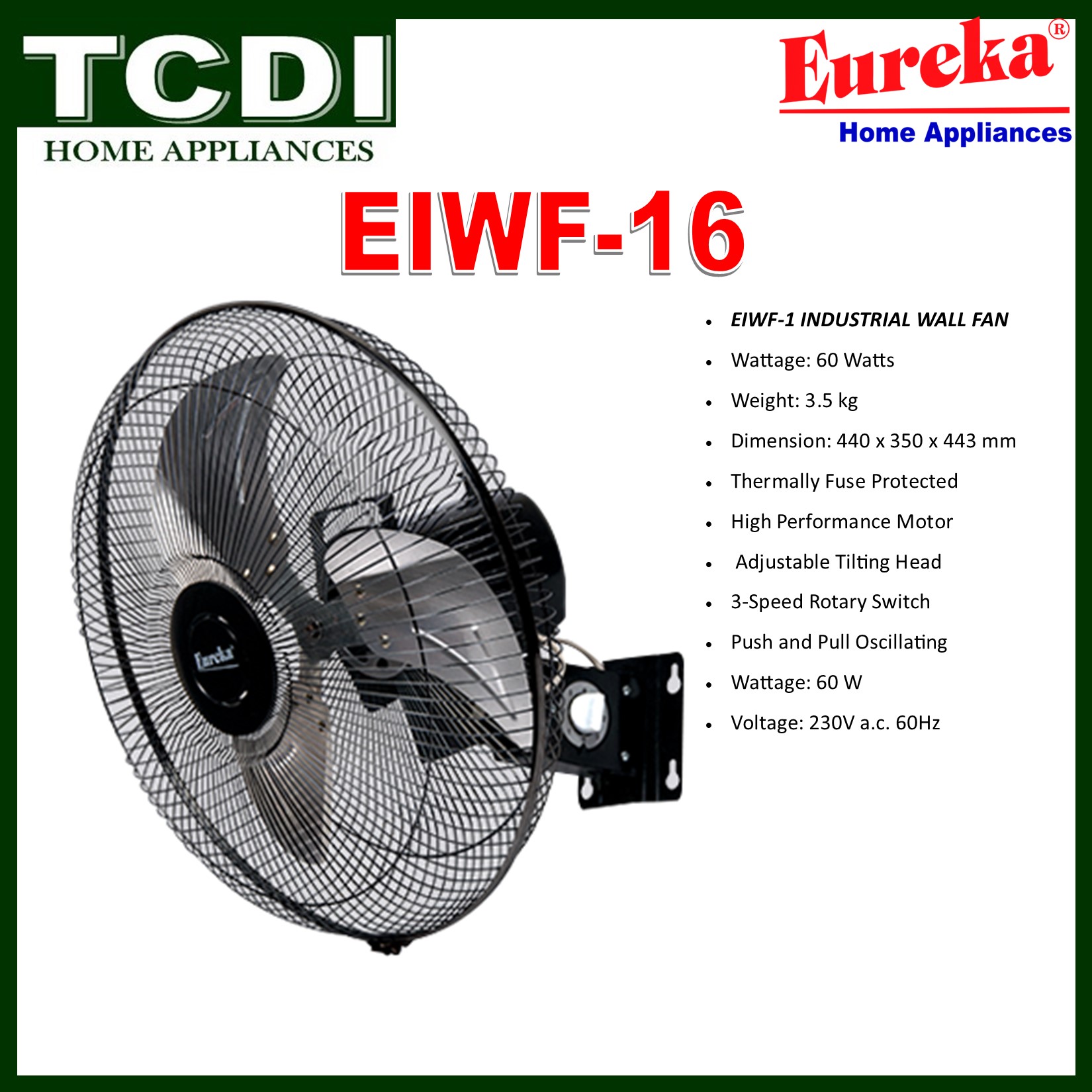 TCDI EUREKA WALL FAN INDUSTRIAL EIWF 16 | Lazada PH