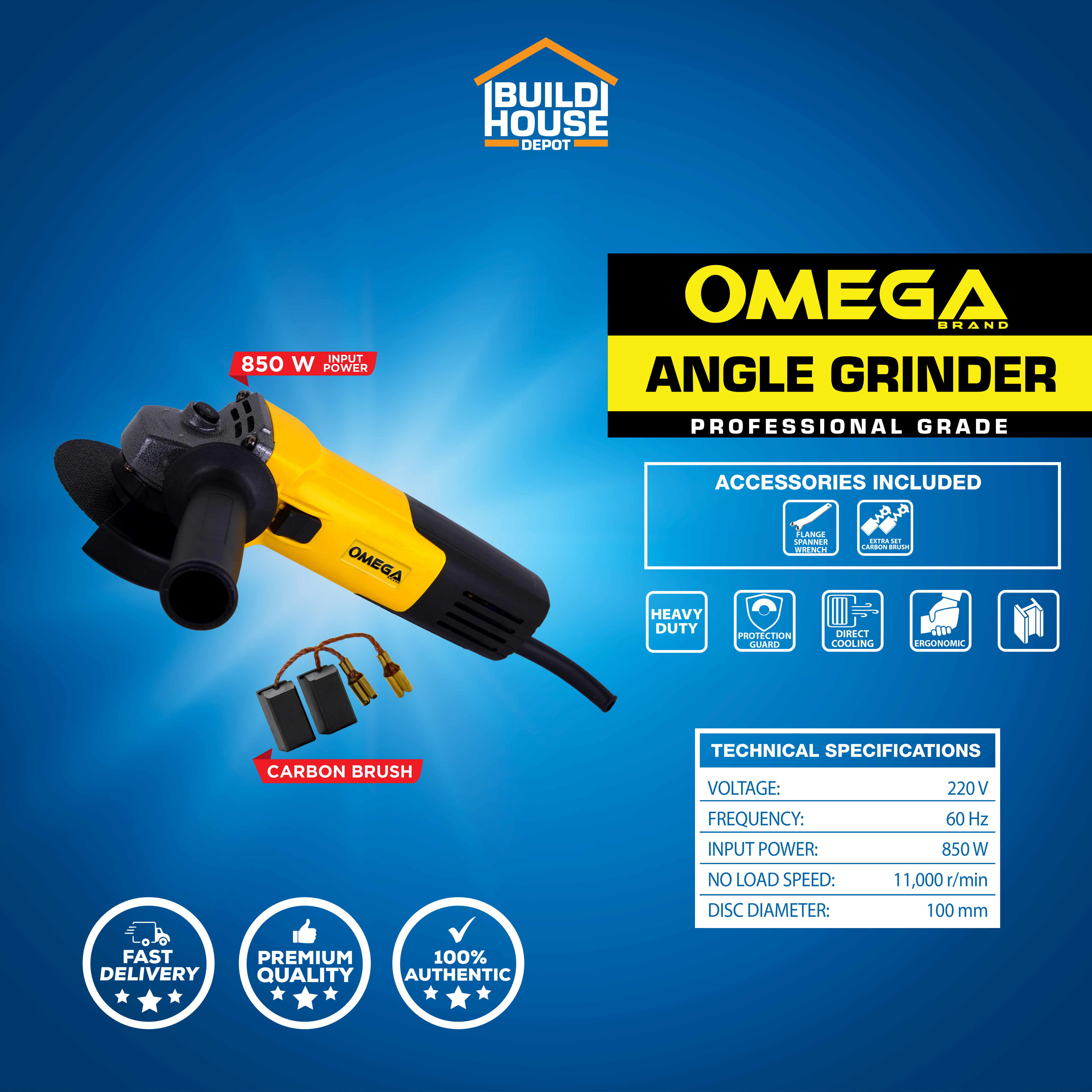 OMEGA 850W Professional Industrial 4" Angle Grinder - Slide Switch ...