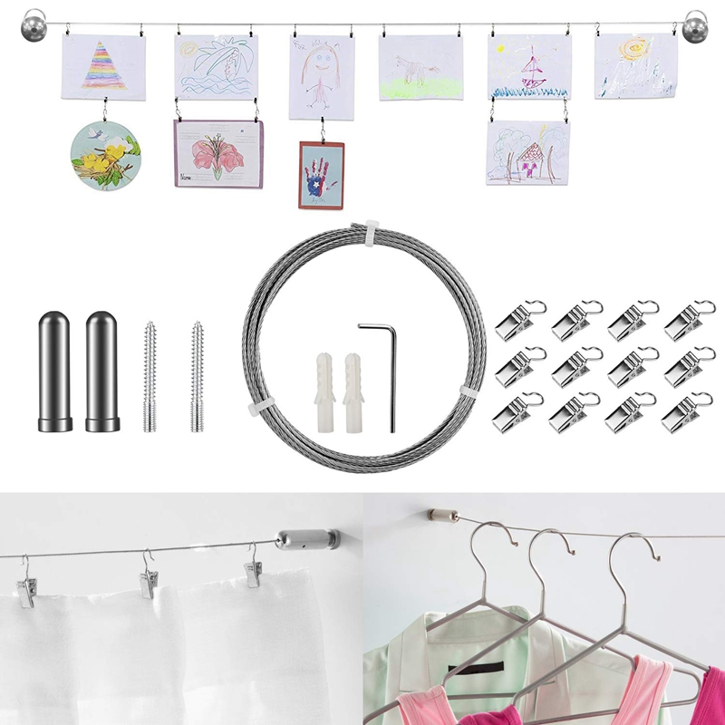 Curtain Drape Wire Rod Set with 12 Clips, Stainless Steel Picture ...
