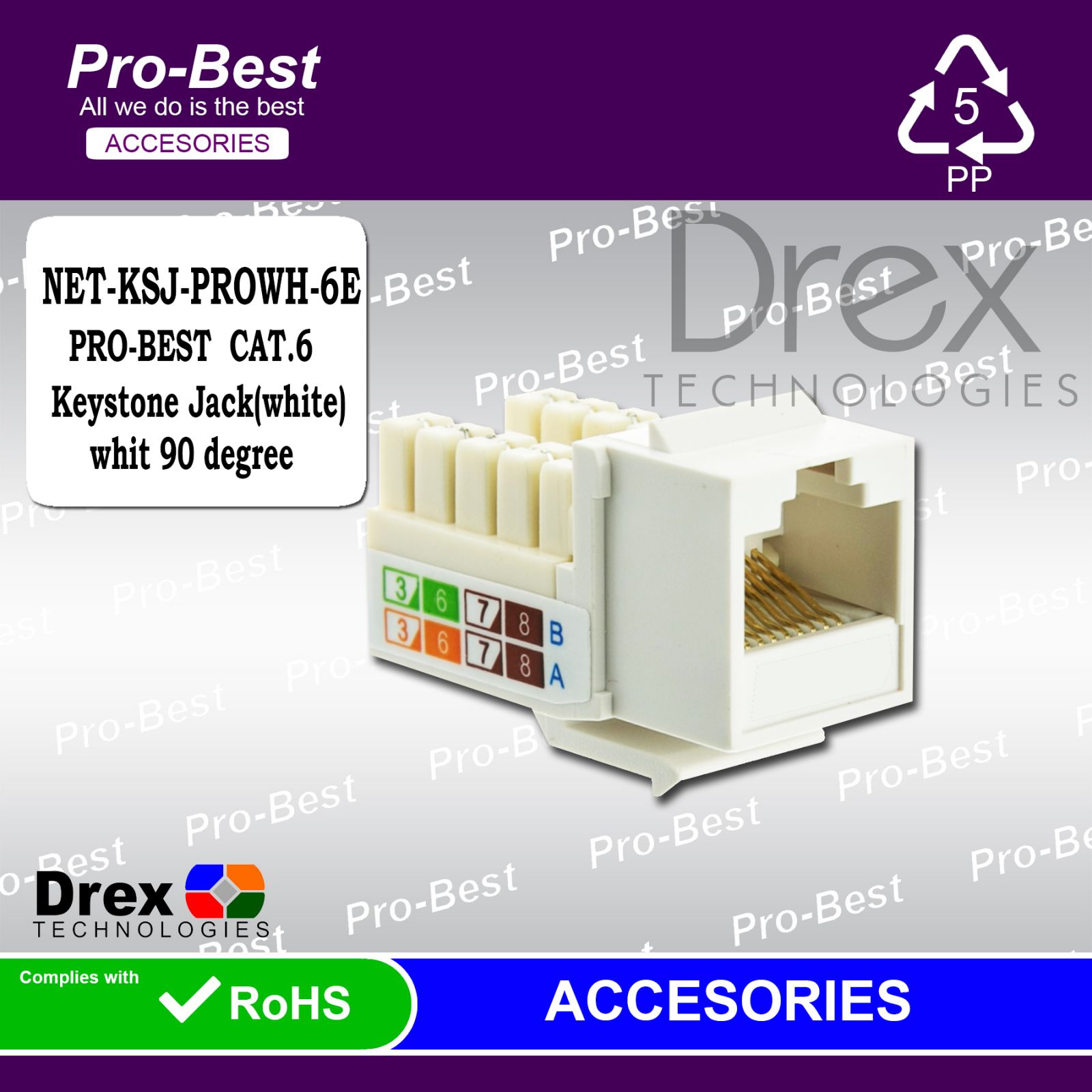 Probest Cat 6 Rj45 Information Outlet Keystone Jack White 90 Degree ...