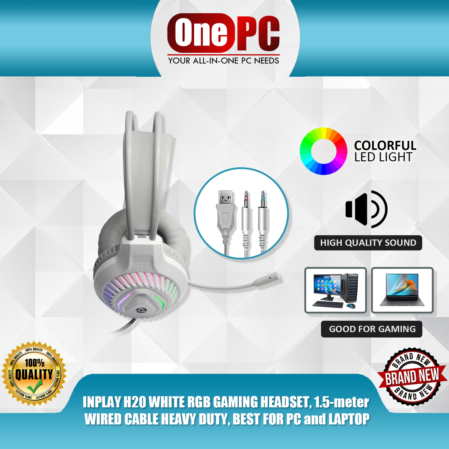 INPLAY H20 WHITE RGB GAMING HEADSET, 1.5-meter WIRED CABLE HEAVY DUTY ...