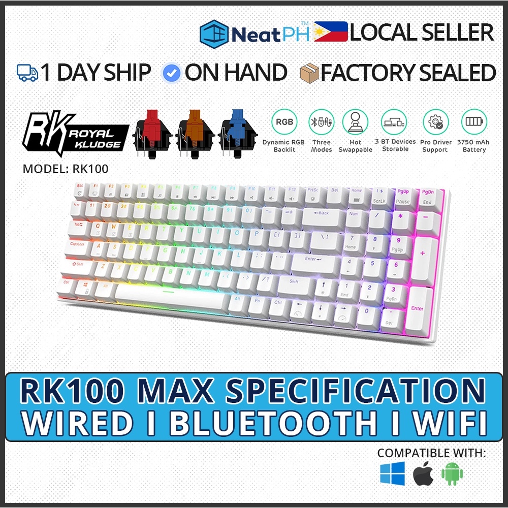 ROYAL KLUDGE RK100 100-key Wired/Bluetooth/2.4G Mechanical Keyboard RGB ...