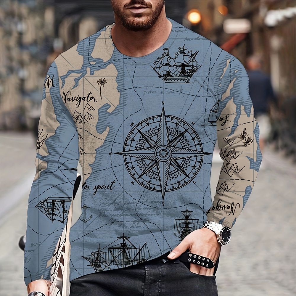 Vintage Cross Long Sleeve for Men Fashion 3D Nautical Map Tshirts for ...