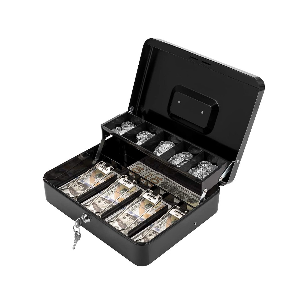 Metal Electronic Cash Drawer Box Case Storage 4 Bill 2 Coin Slot and ...