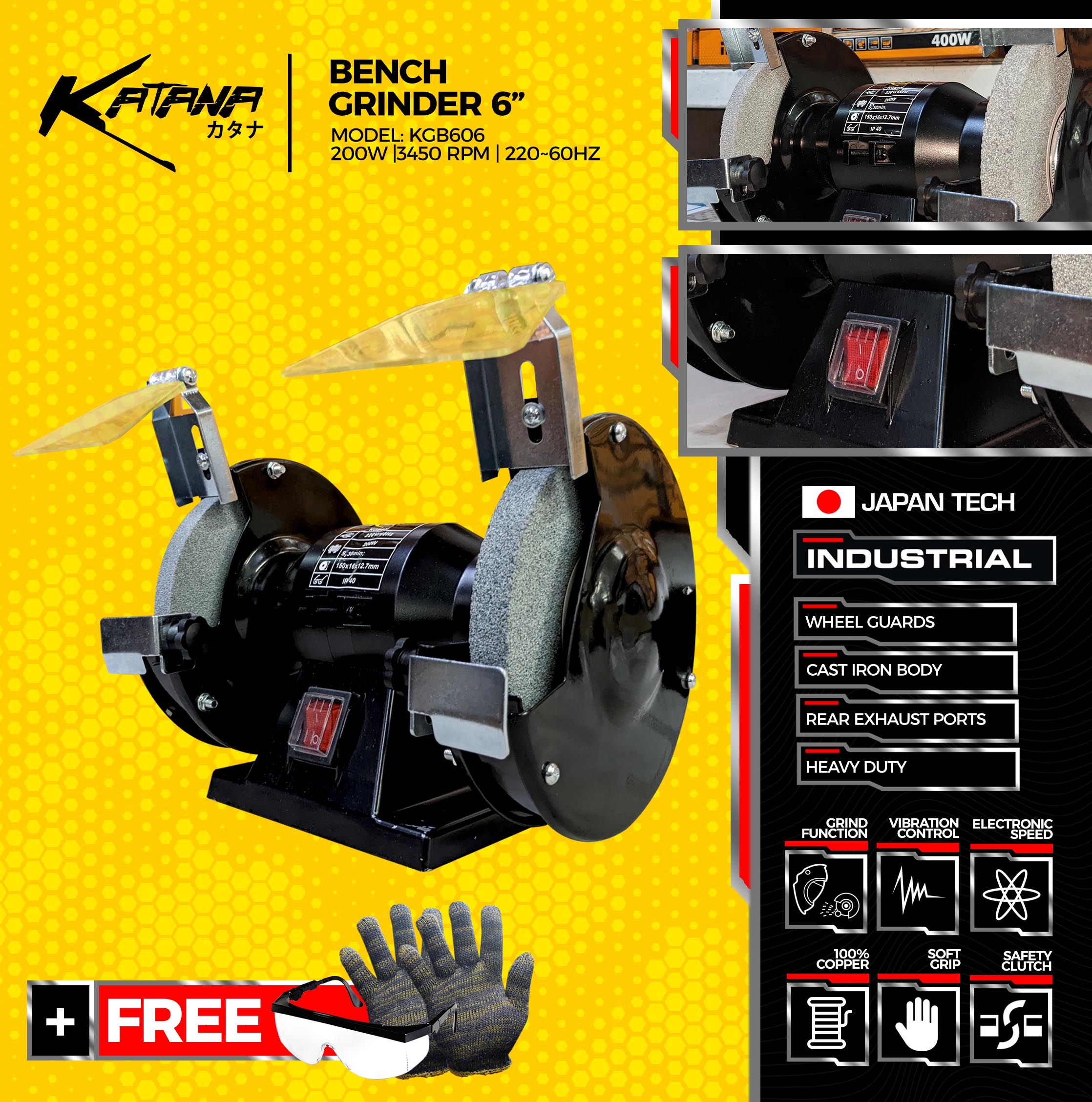 KATANA Japan Tech Industrial Bench Grinder 6" 100% Copper 200W KBG606 ...