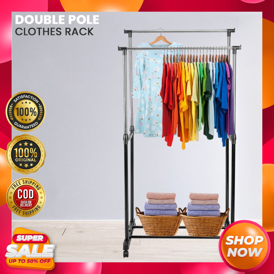 Original Adjustable Double Rail Garment Rack with Shoes Shelf on Wheels ...