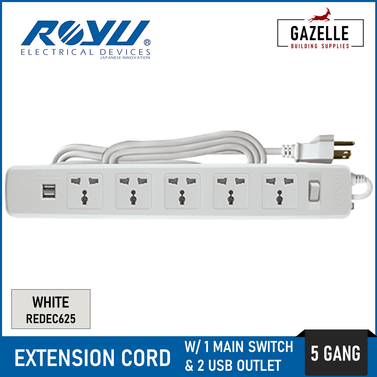 Royu Power Extension Cord Outlet with Switch and USB - 5 Gang REDEC625 ...