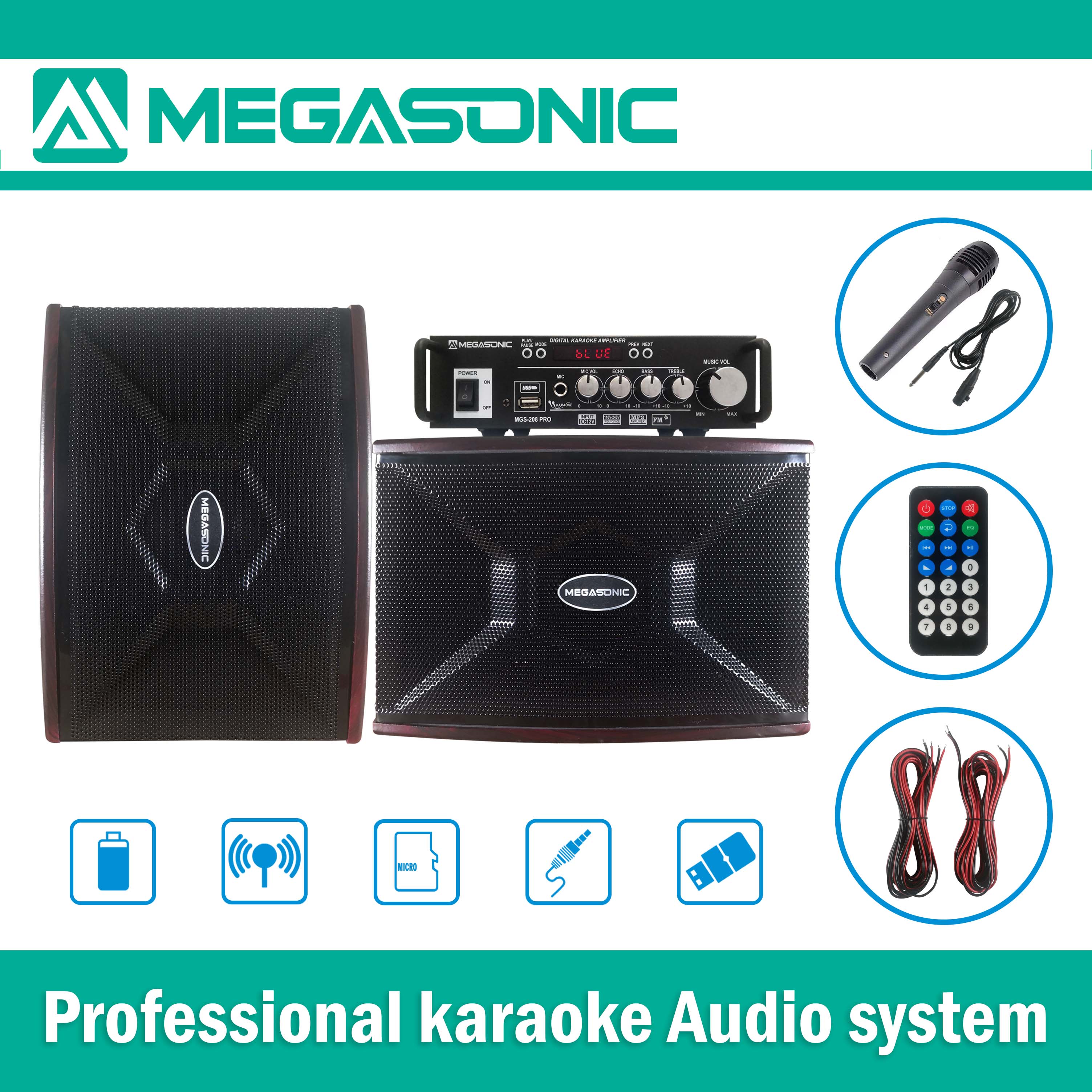 MEGASONIC MGS-208 PRO Professional karaoke Audio system Mic wire 3M ...