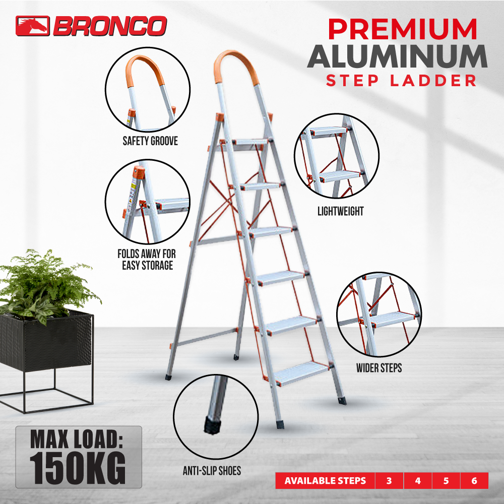 BRONCO PREMIUM ALUMINUM LADDER – 3 STEPS, 4 STEPS, 5 STEPS, 6 STEPS ...