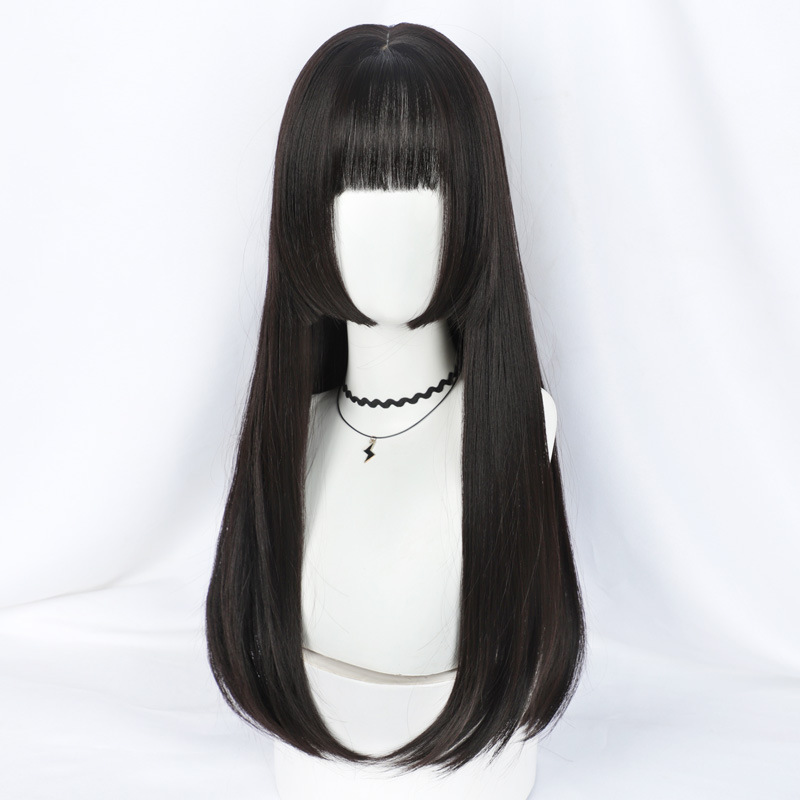 O-New Long Straight Full Wig with Anime Cartoons Hime Cut Princess ...