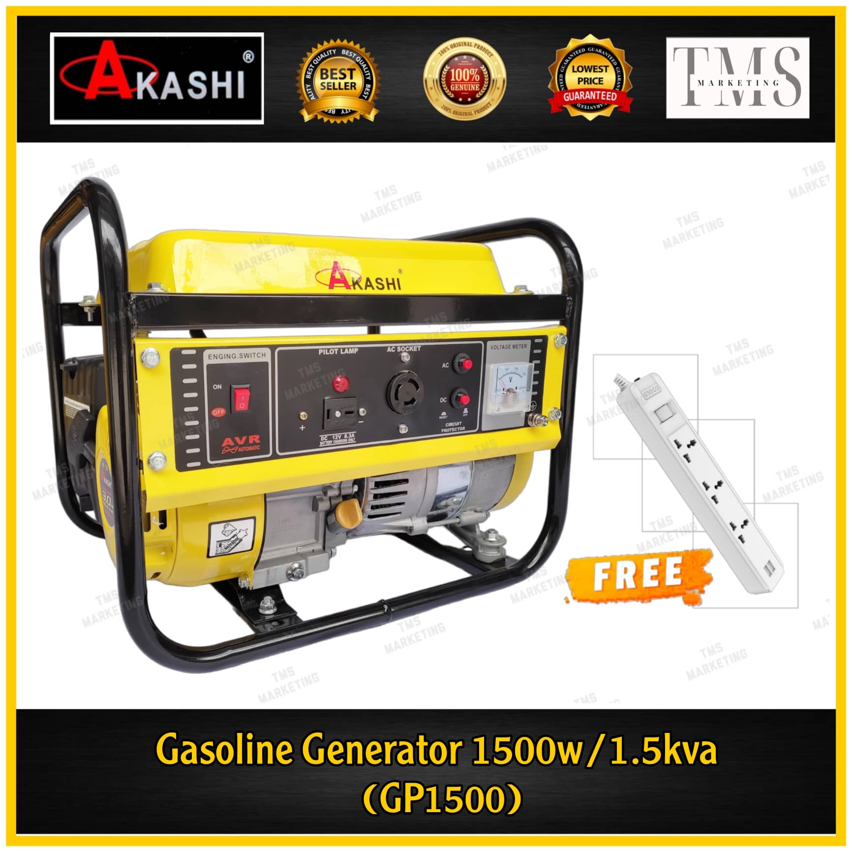 AKASHI 1500W/1.5KVA Gasoline Generator GP1500 w/ FREE Extension Socket ...