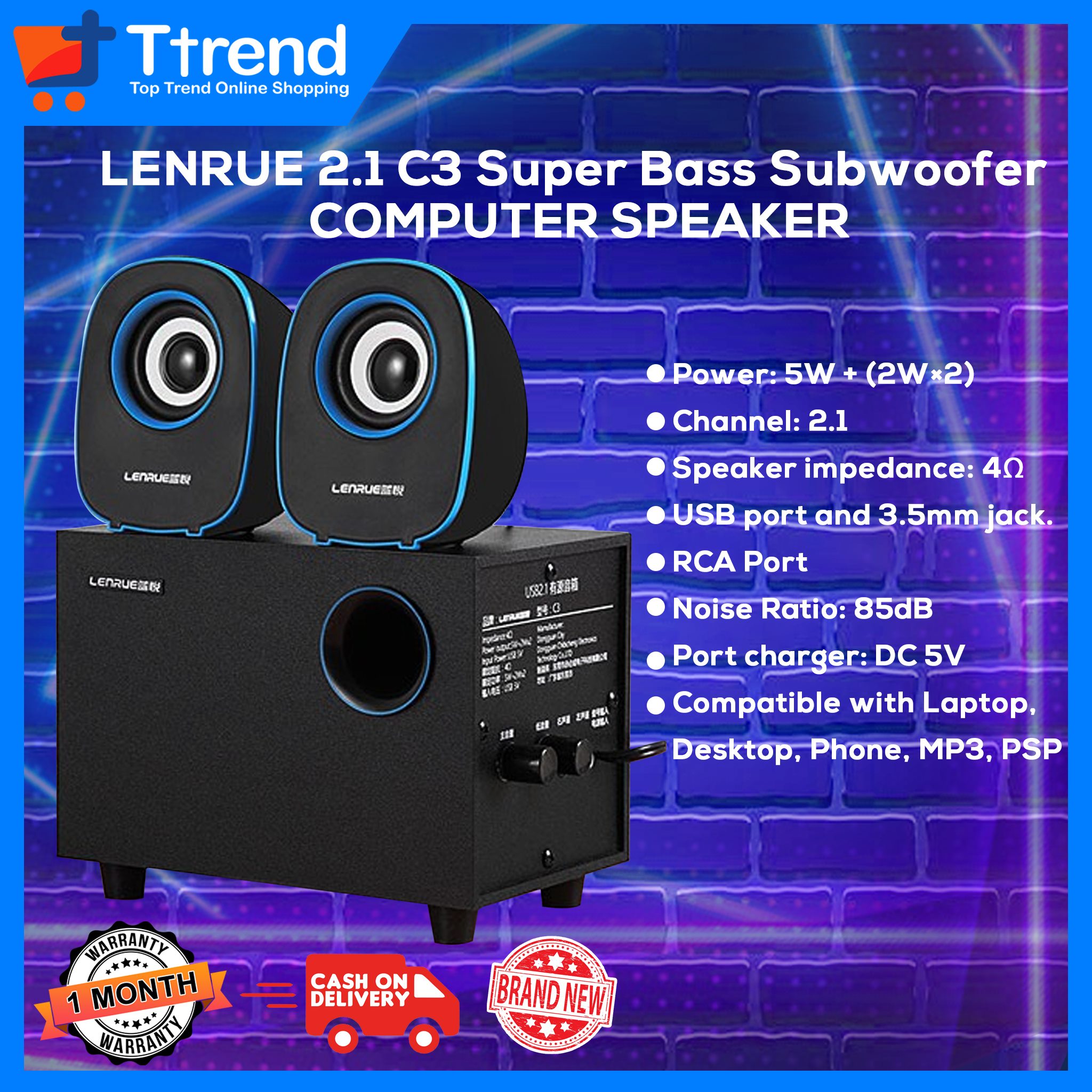 LENRUE C3 Super Bass Subwoofer 2.1 Stereo Speakers for PC Laptop ...