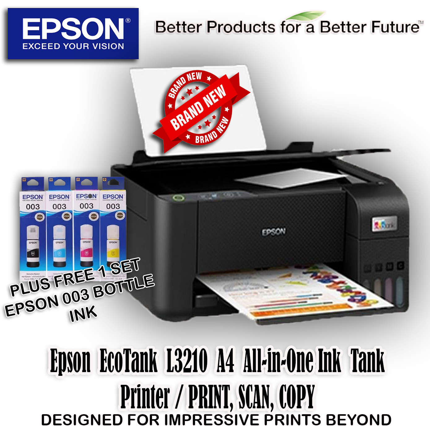 Epson EcoTank L3210 A4 All-in-One Ink Tank Printer / PRINT, SCAN, COPY / FREE 1 SET 003 BOTTLE ...