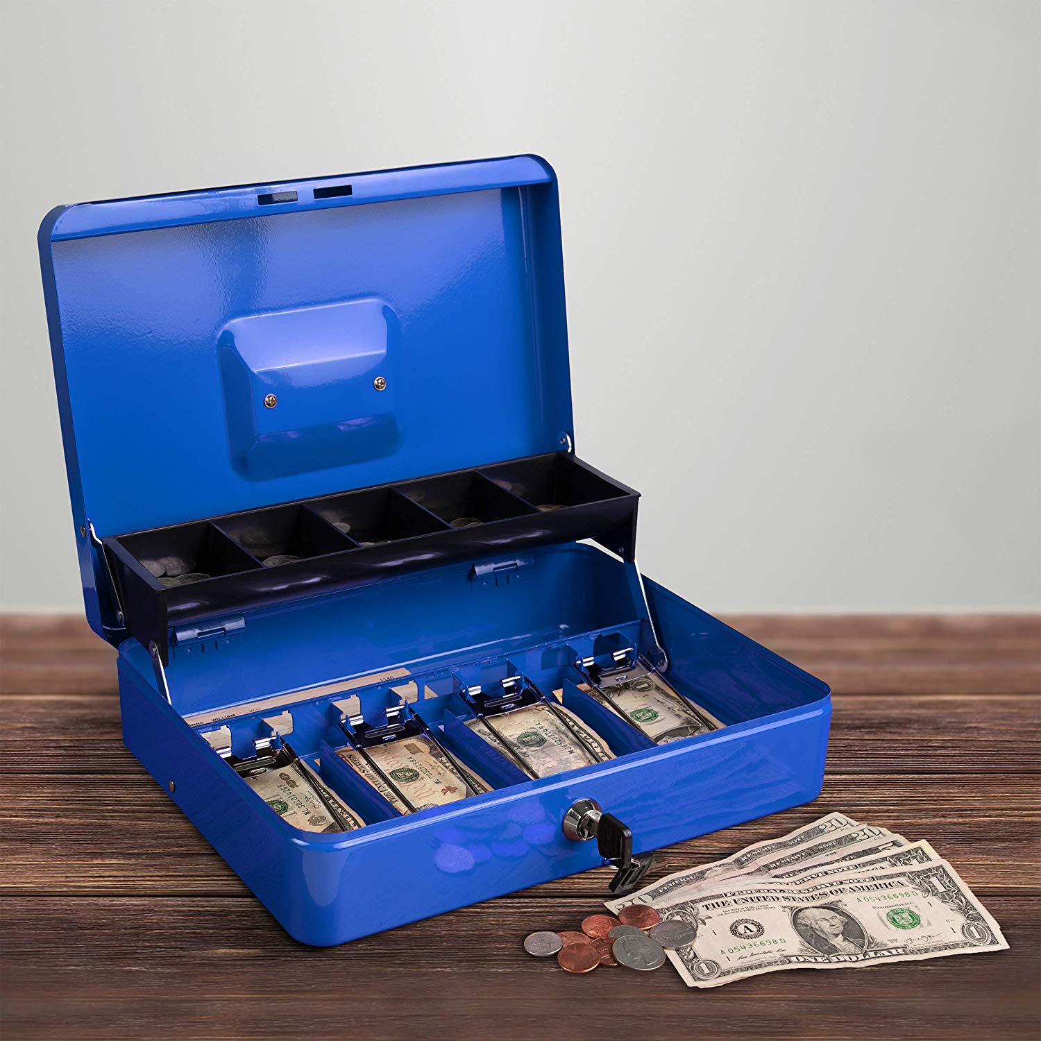 Cash Box with Lock Key and Money Tray Large Metal Money Safe for Cash ...