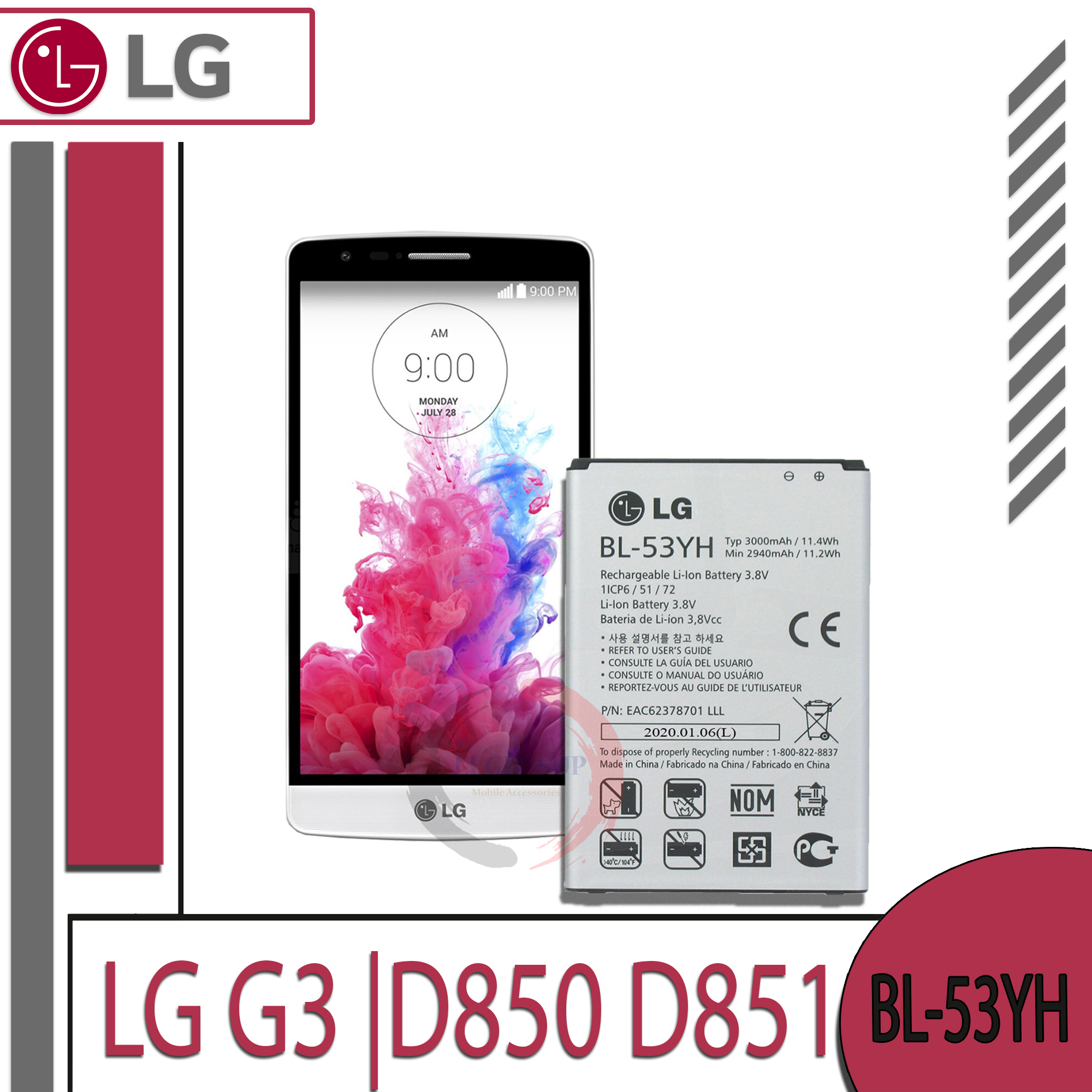 Battery For Original LG G3 Battery , D850, D851, Model: BL-53YH ...