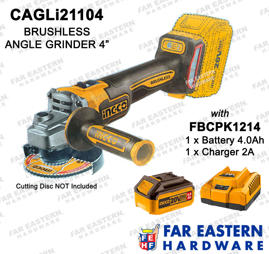 INGCO Cordless Angle Grinder 4" 20V (Baretool) CAGLI21104 | CAGLI201008 ...
