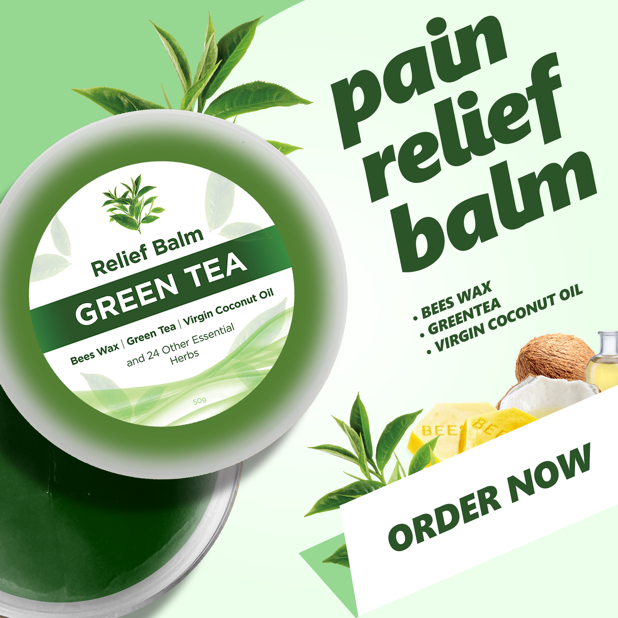 Green Tea Organic Pain Relief Balm / Coconut oil/Vibrantly / Pain ...