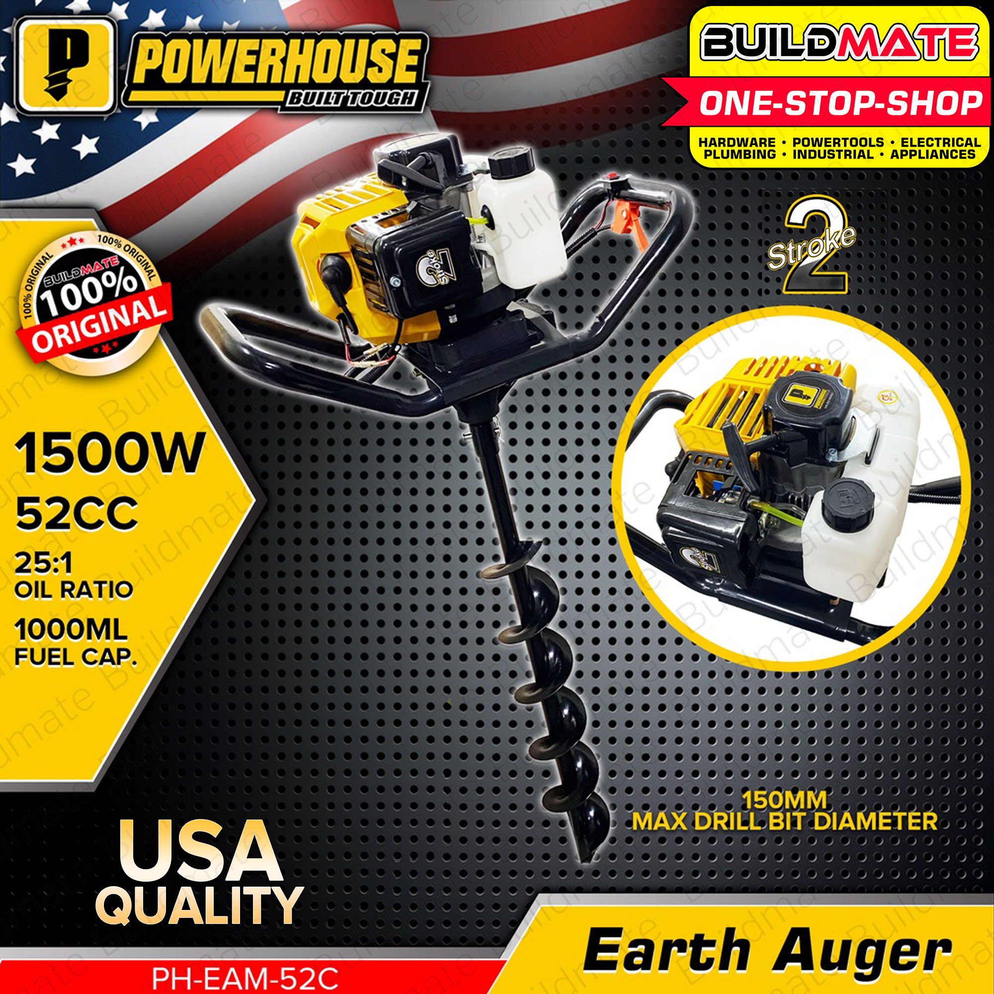 BUILDMATE Powerhouse USA Earth 1500W Ground Auger Machine 2-Stroke 52cc ...