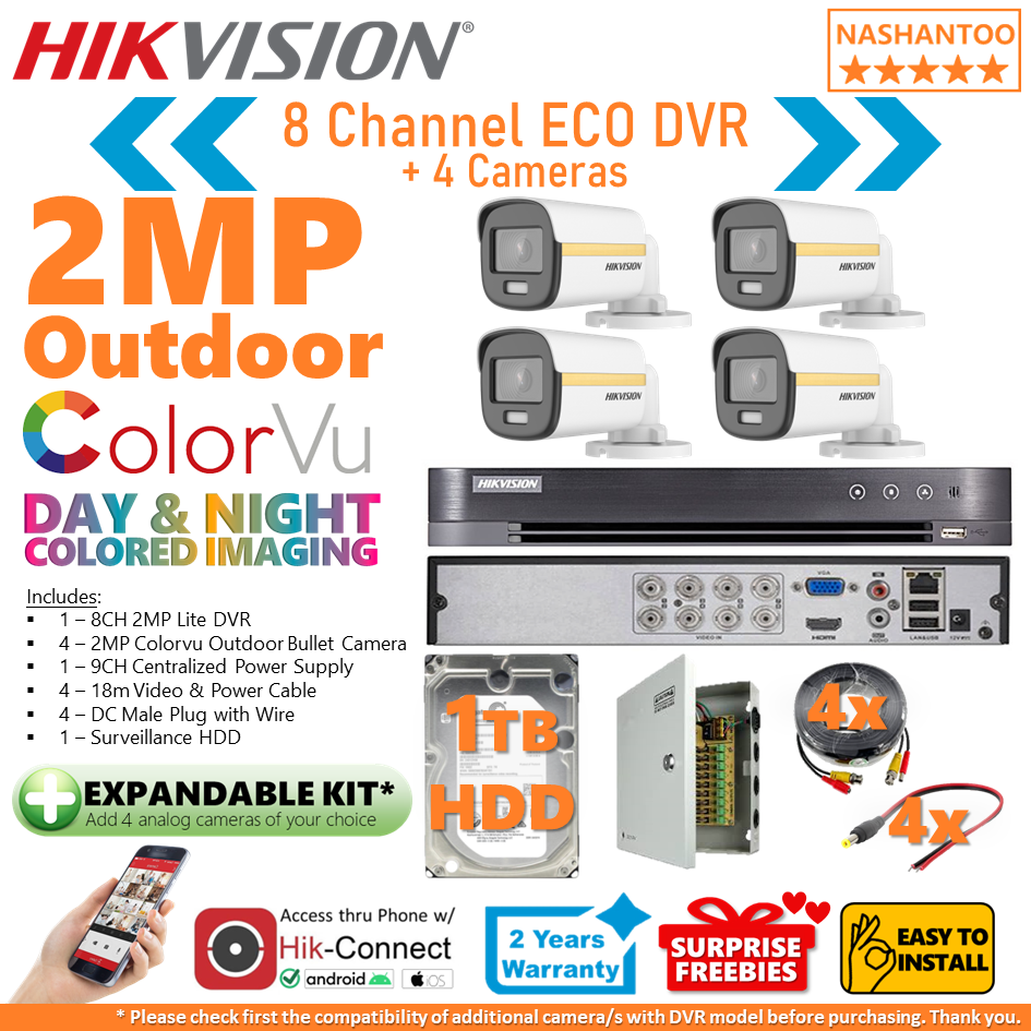HIKVISION 8Channel 2MP ColorVu 4Cameras Outdoor Bullet 8CH DIY CCTV Package Kit NASHANTOO 8 ...