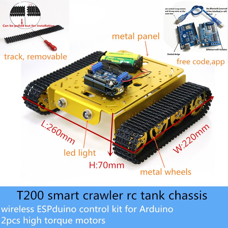 Wireless ESPduino Wifi Control T200 Metal Smart Crawler RC Tank Chassis ...