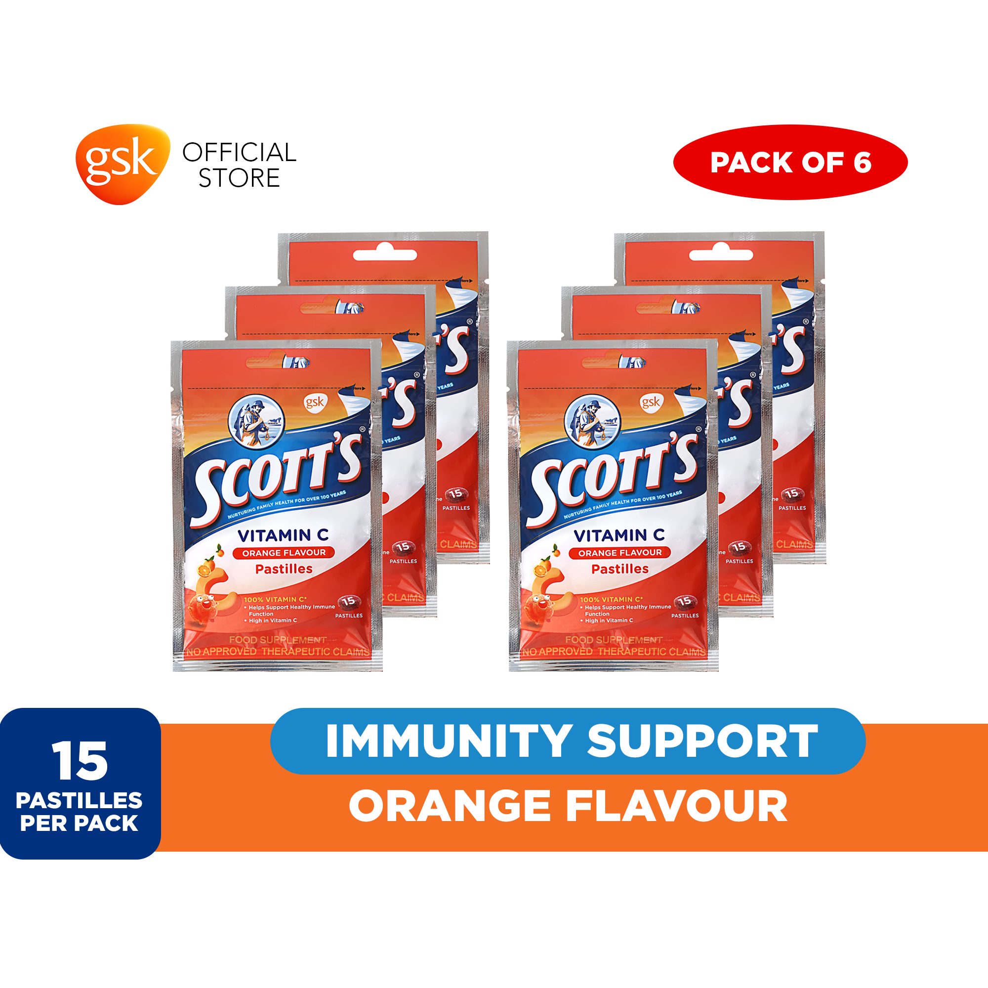 Scott's Vitamin C Pastilles Orange Vitamins for Kids 15s [Pack of 6 ...