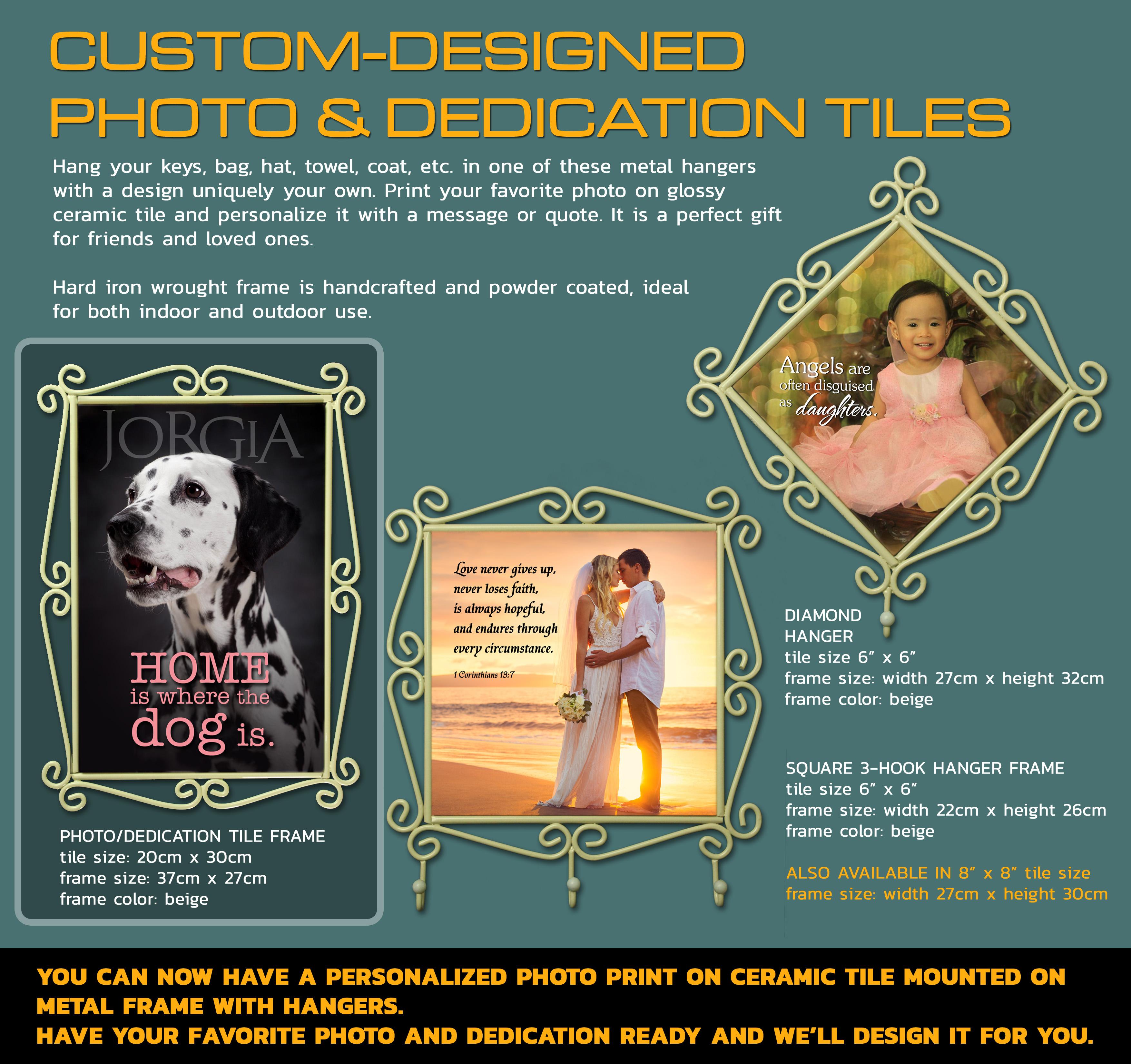 CUSTOM DESIGN PHOTO & DEDICATION TILES on wrought iron hanger frame ...