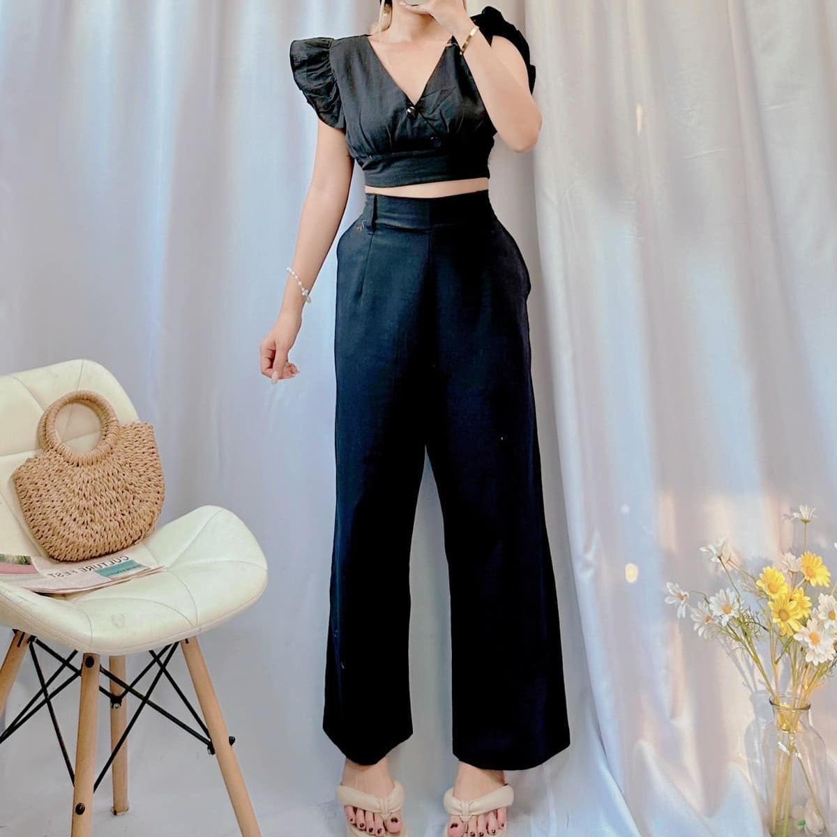 ZEALO Saylor Ruffle Sleeves Button Crop Top and Wide Leg Pants Terno ...
