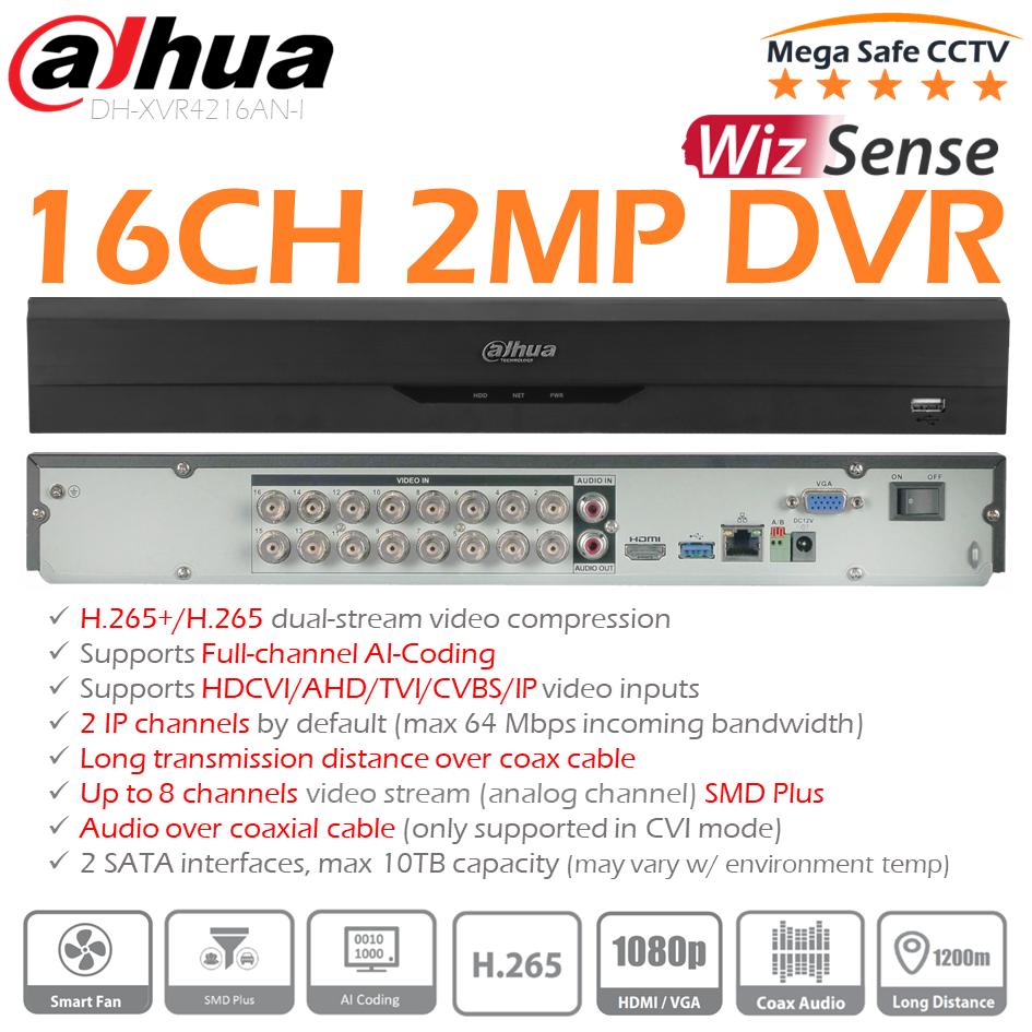 Dahua DH-XVR4216AN-I 16Channel 2MP 1080p H.265 Pentabrid Wizsense DVR ...