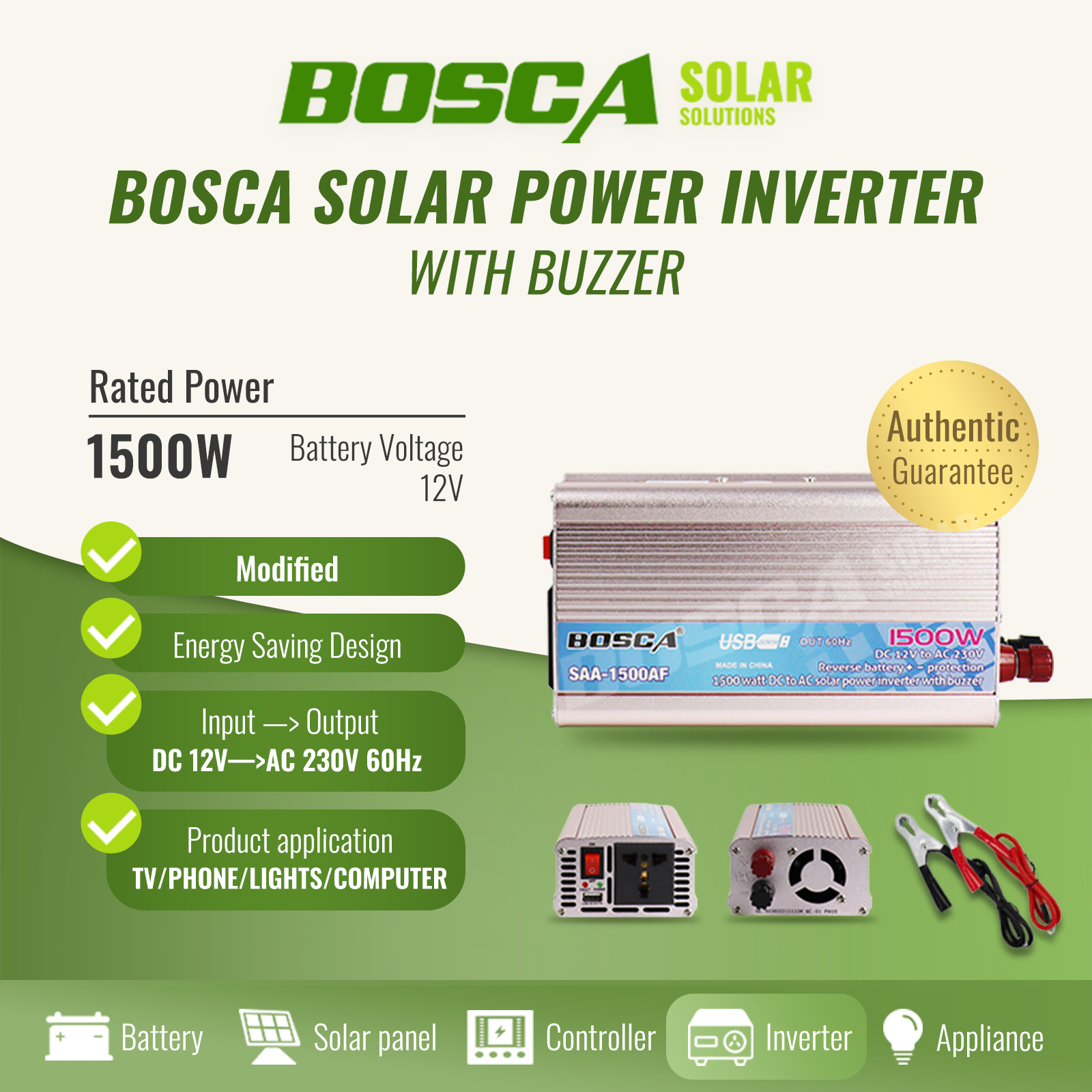 BOSCA Solar Power Inverter 500W 1000W 1500W DC12V To AC 220-230V with ...