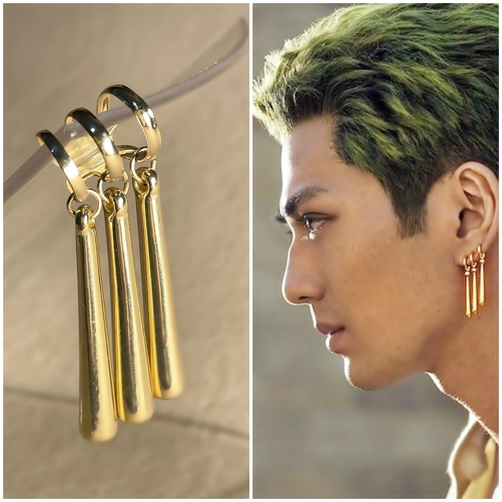 Roronoa Zoro Earrings | no pierce cuff, three layered gold drop | One ...