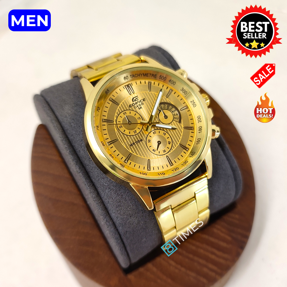 CASI0 Quartz Tri-Chrono Tachymetre All Gold Stainless Steel Watch for ...