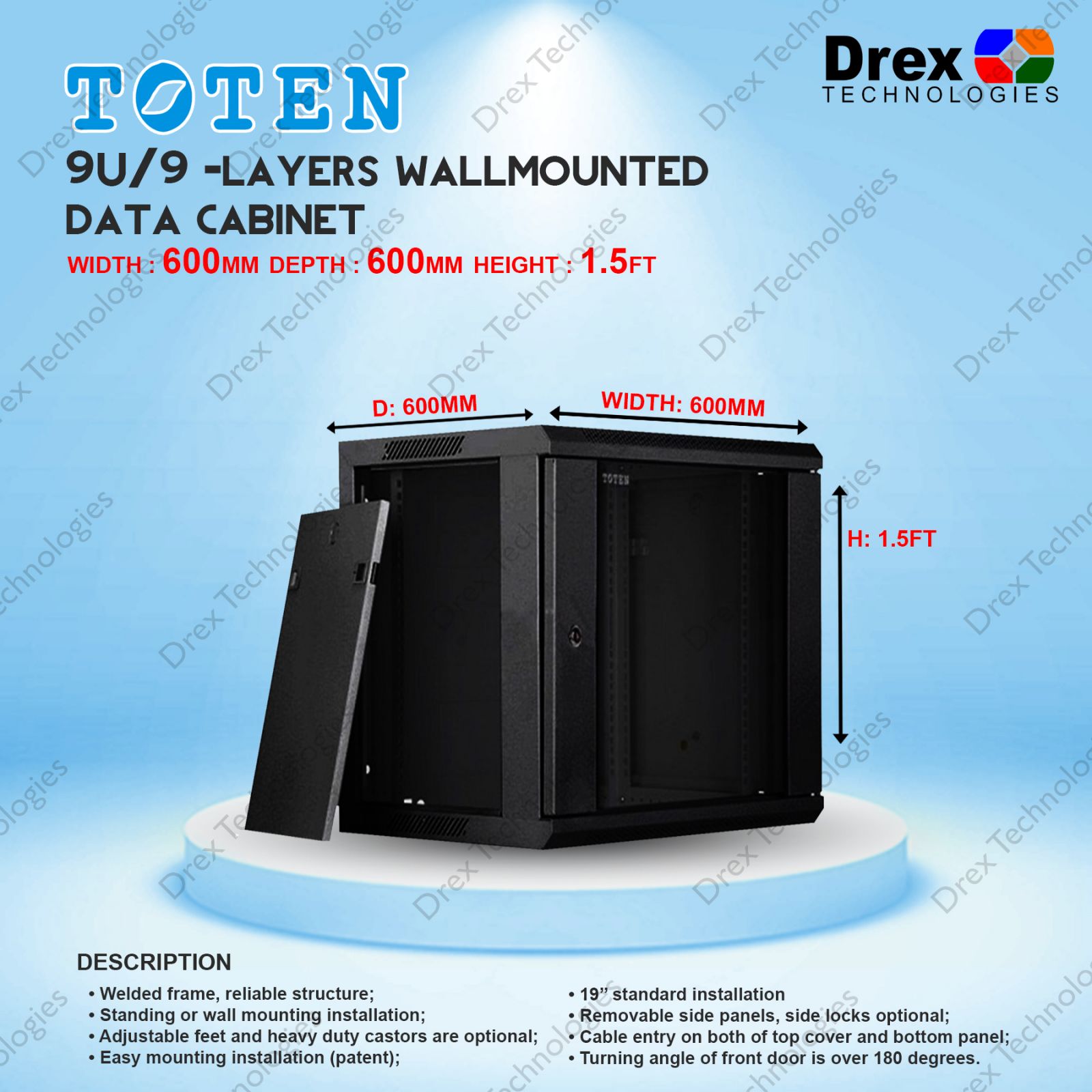 Toten 9U 9-Layer Wallmounted Data Cabinet / Server Rack W=600/D=600/H=1 ...