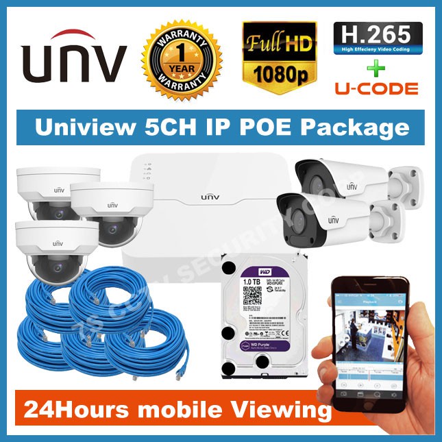 COD Uniview 5CH POE IP CCTV Package 8Channel NVR 2MP Indoor and Outdoor Mobile viewing with 1TB ...