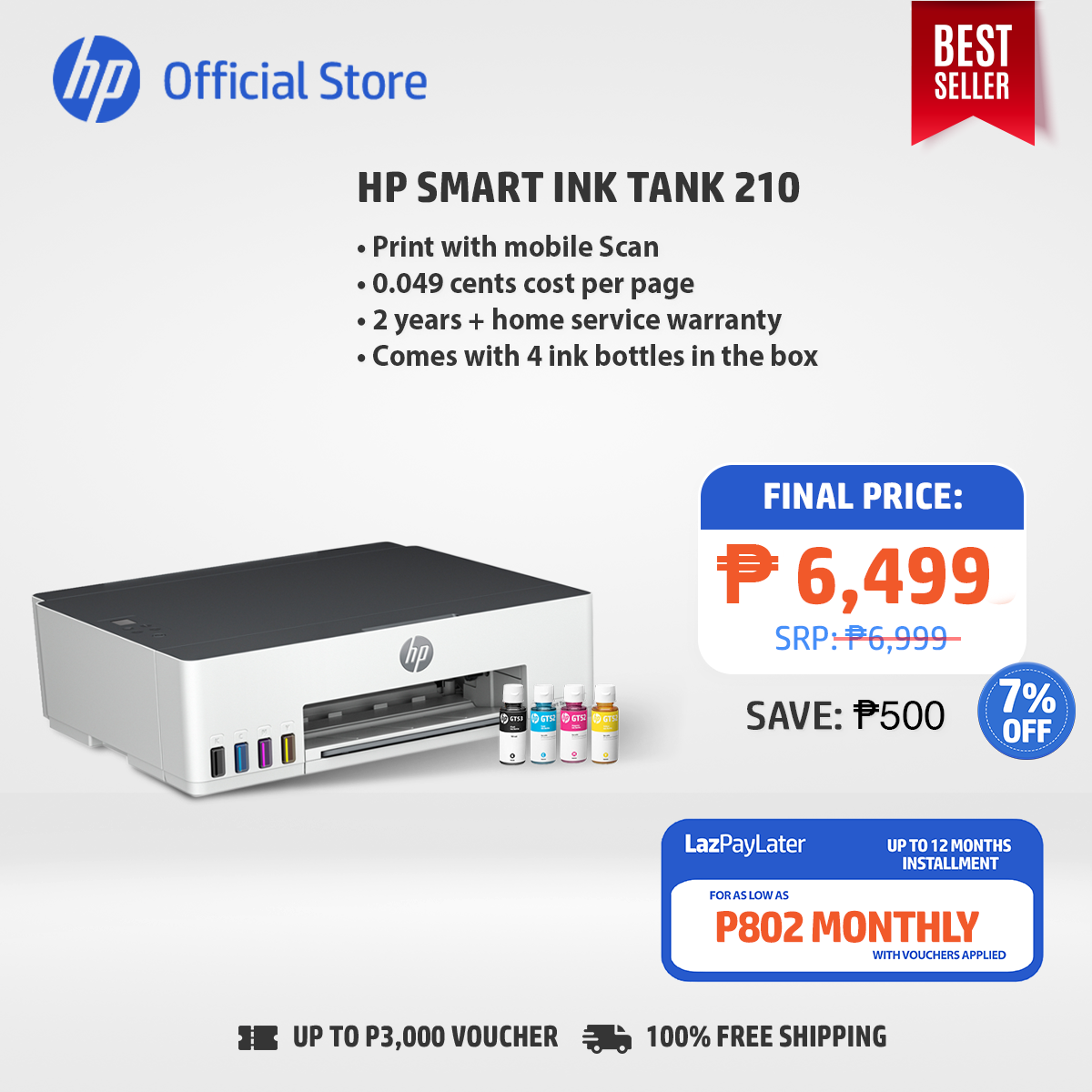 HP Smart Ink Tank 210 | A4 Color Printer | Print only | USB | Wireless ...