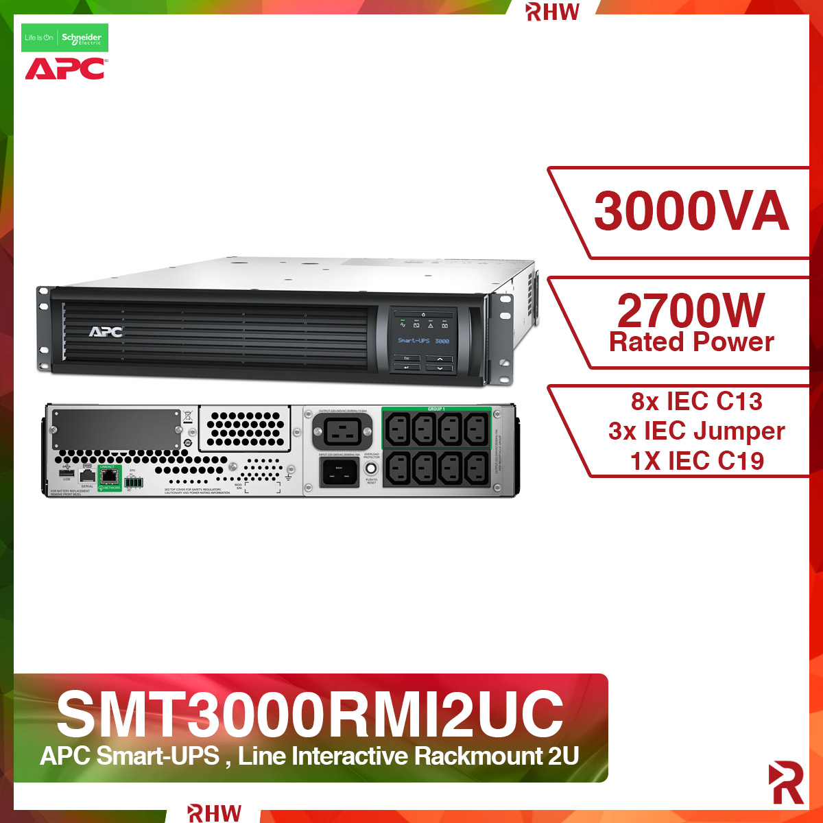 APC SMT3000RMI2UC Smart-UPS, Line Interactive, 3kVA, Rackmount 2U, 230V, 8x IEC C13+1x IEC C19 ...