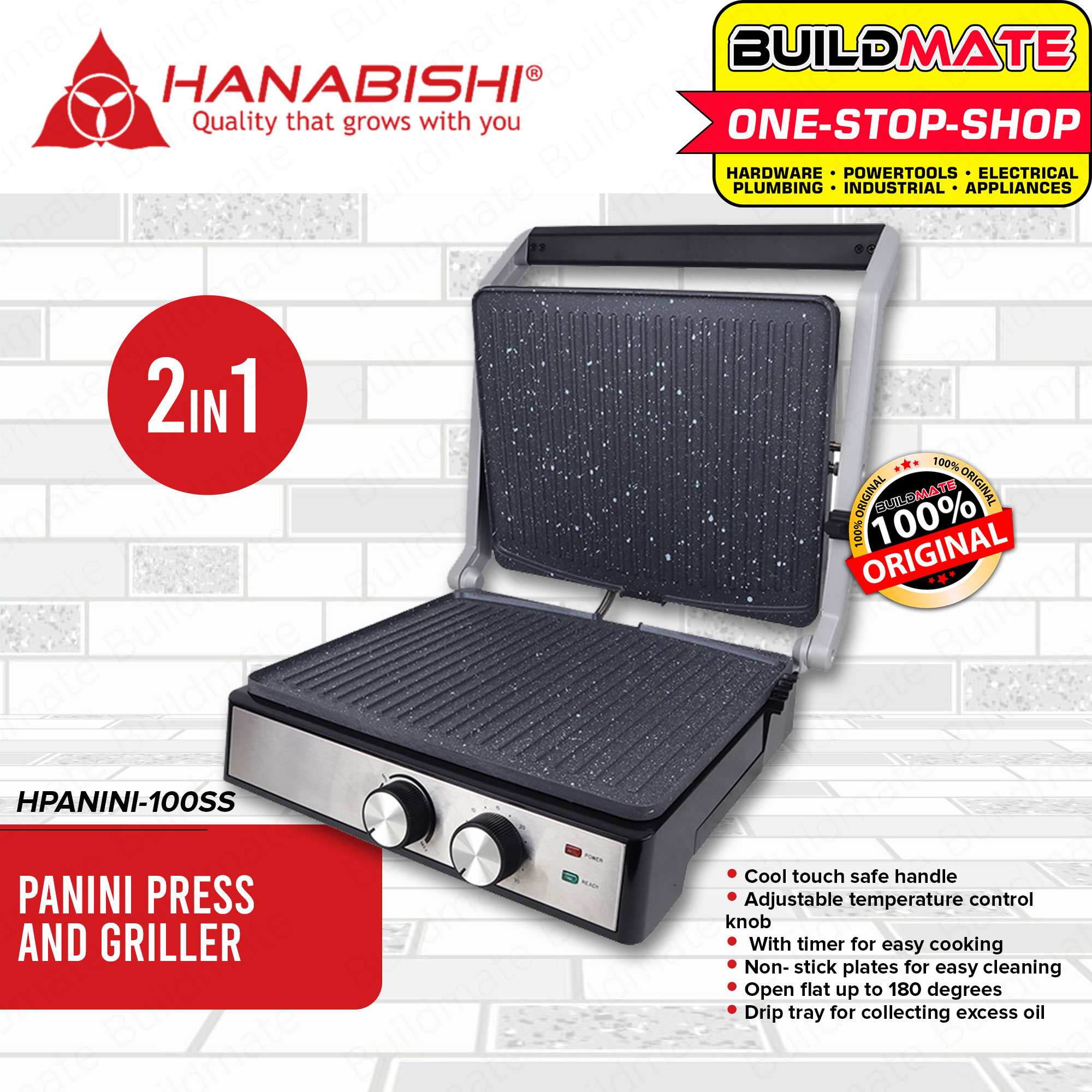 HANABISHI 2 IN 1 Sandwich Bread Panini Press And Griller Non Stick