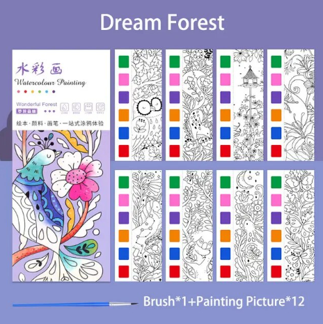 12Sheets Painting Coloring Book Set with Paintbrush WaterColour ...