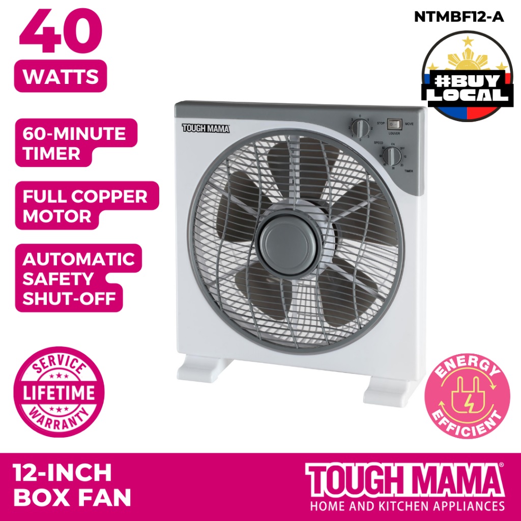 Tough Mama NTMBF12-A Box Fan Electric 12” Desk Fan Energy Efficient ...