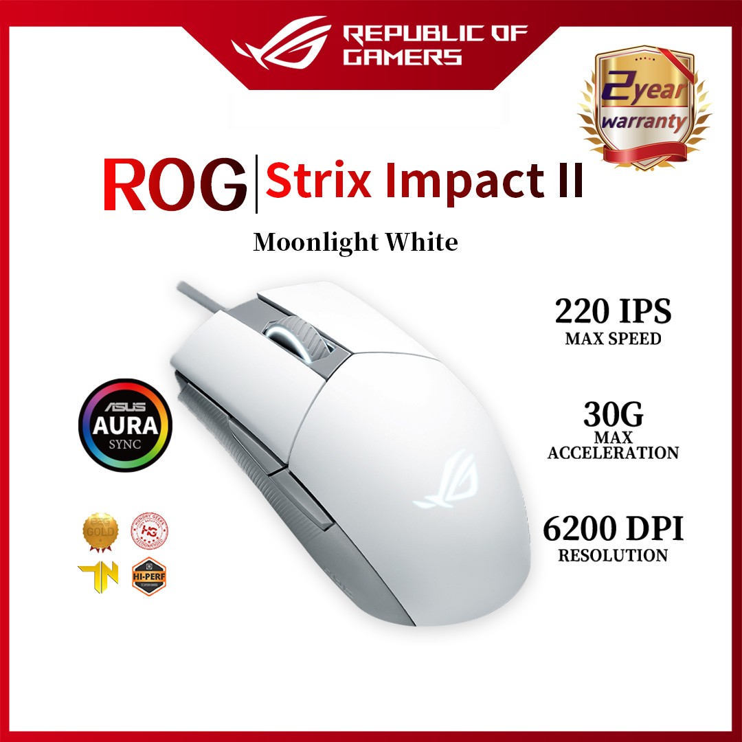 ASUS ROG Strix Impact II Moonlight White Gaming Mouse Ambidextrous ...