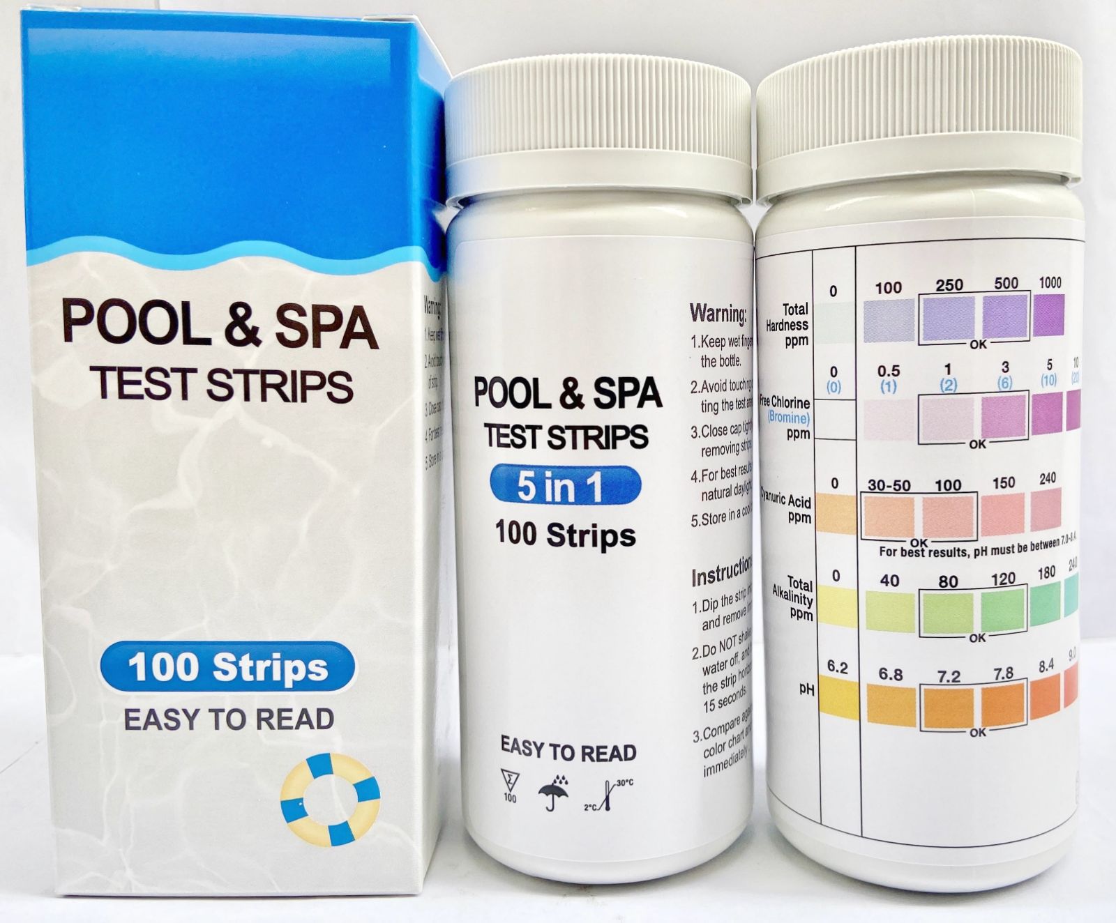 1 BOTTLE HCT Pool and Spa 5 in1 Test Strips for Chlorine Total Hardness ...